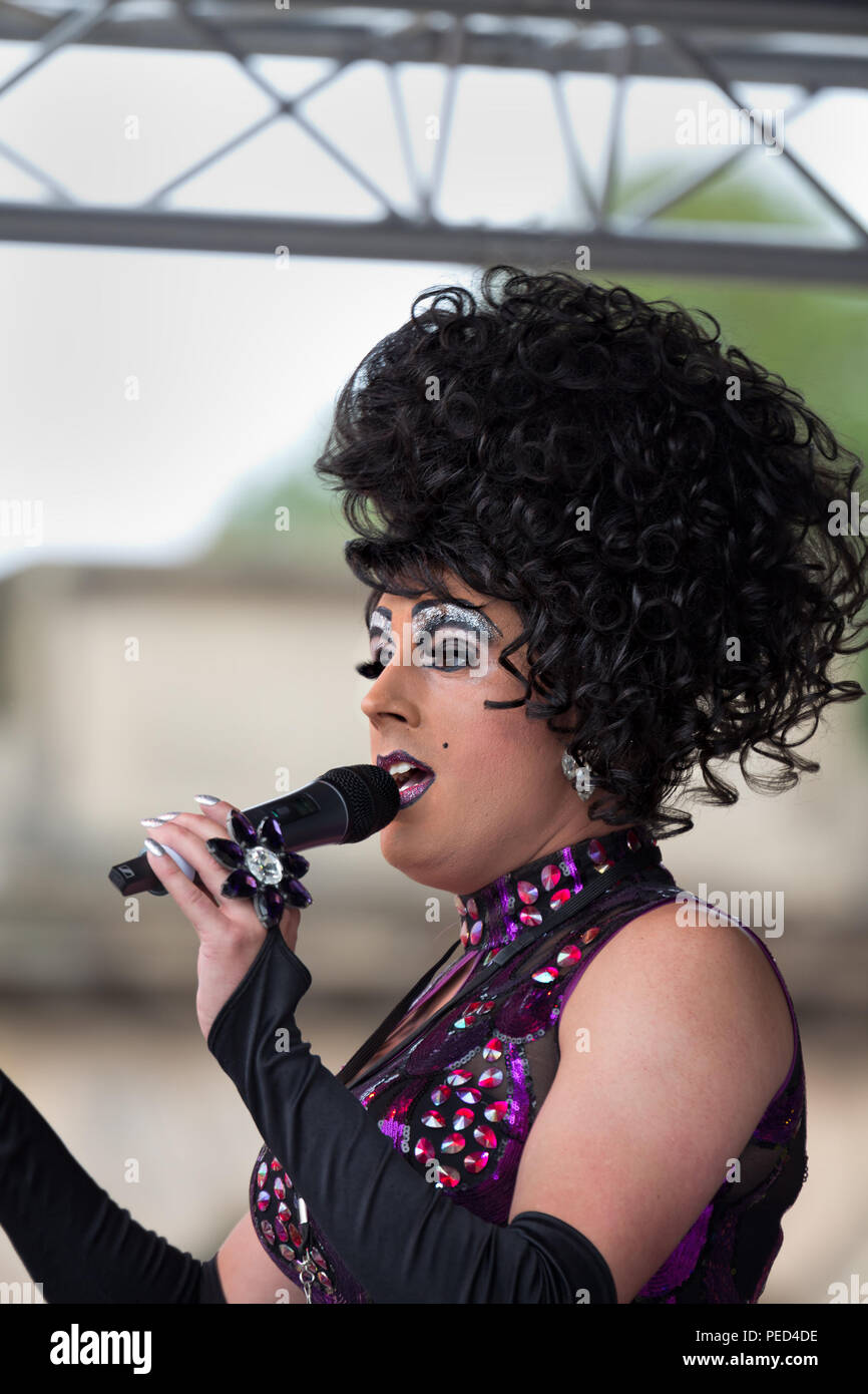 Drag artist entertaining the crowds on stage at the 2018 Chester Pride ...