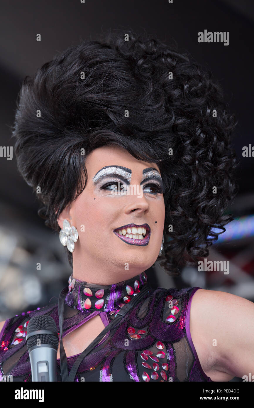 Drag artist entertaining the crowds on stage at the 2018 Chester Pride ...