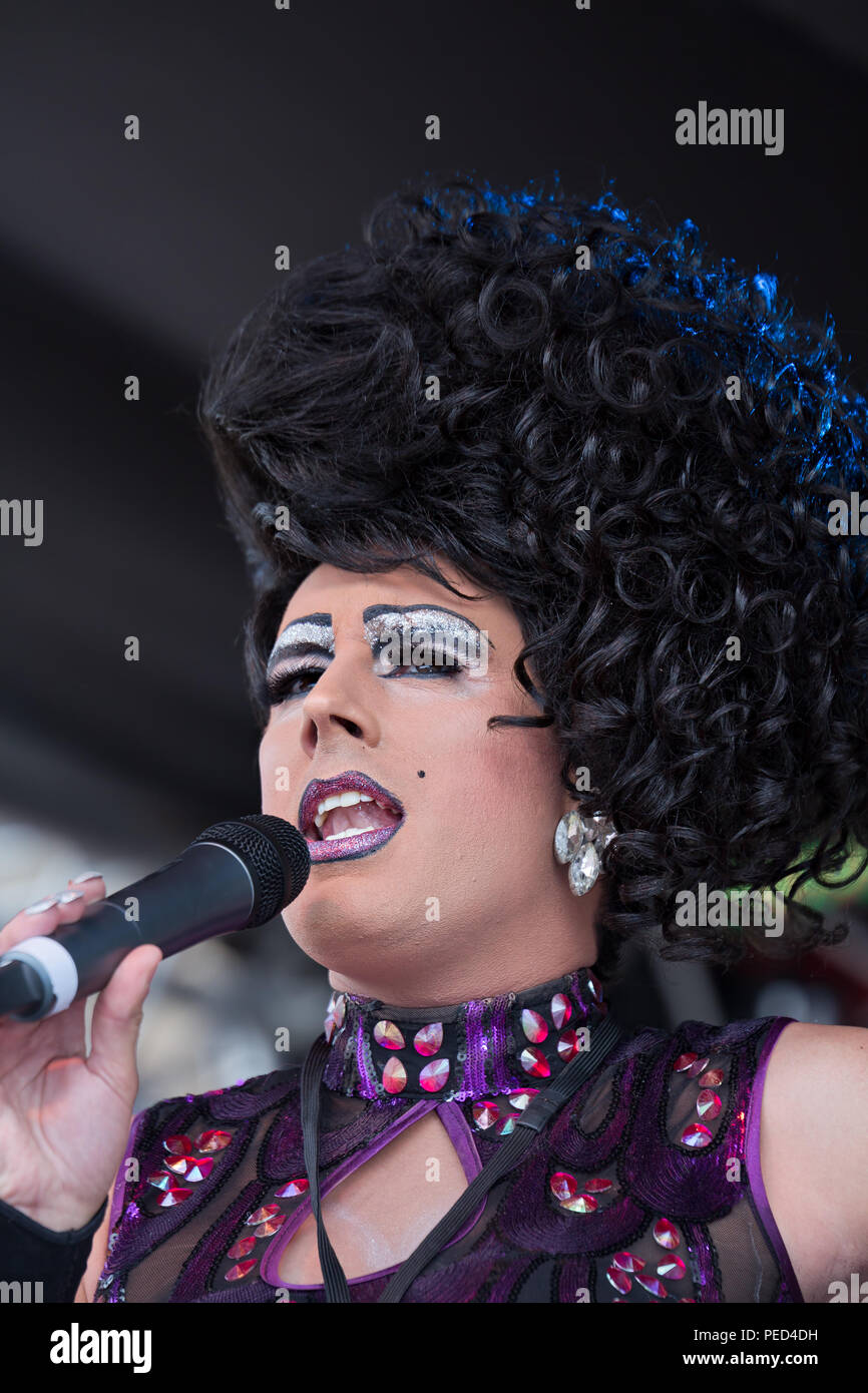Drag artist entertaining the crowds on stage at the 2018 Chester Pride ...