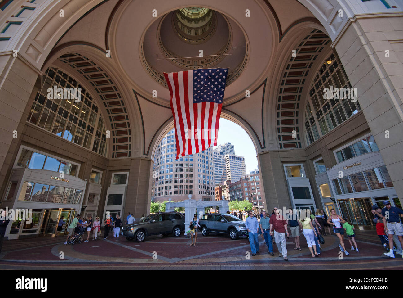Archway and flag at the famous Boston Harbor Hotel, Rowes Wharf, Boston ...