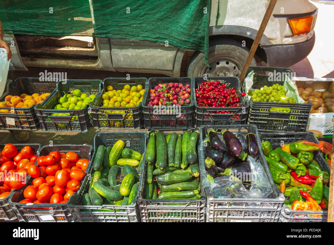 Fresh Fruit and Vegetables on Display on a Market stall in small Rural ...