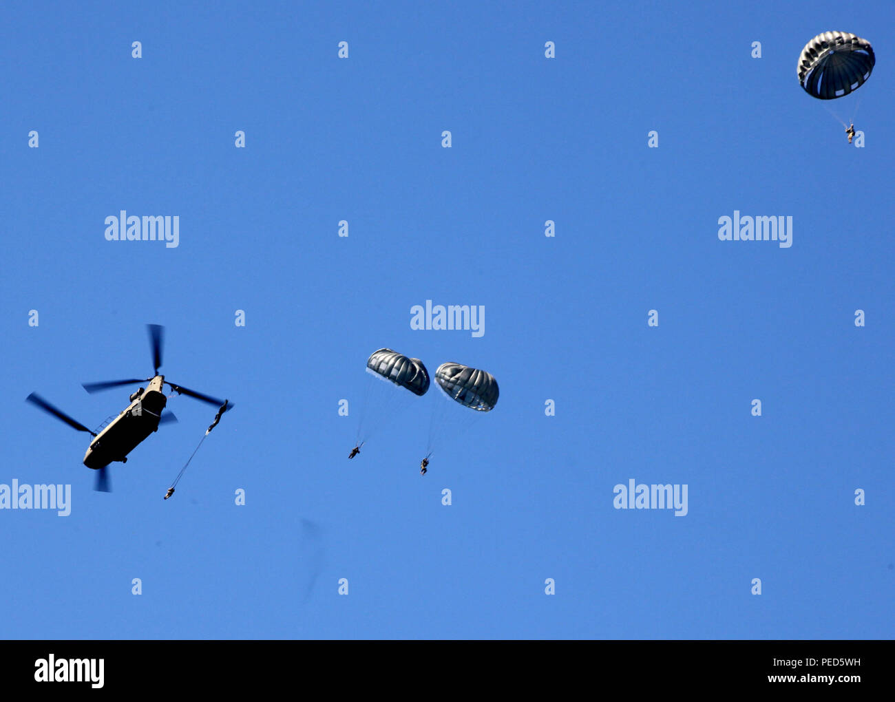 U.S. Army and international paratroopers exit the tailgate of a CH-47 ...