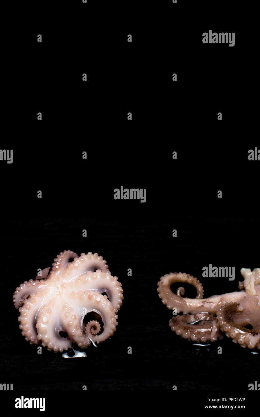 Raw octopus in oil isolated on black table, ready to eat. Seafood. Top ...