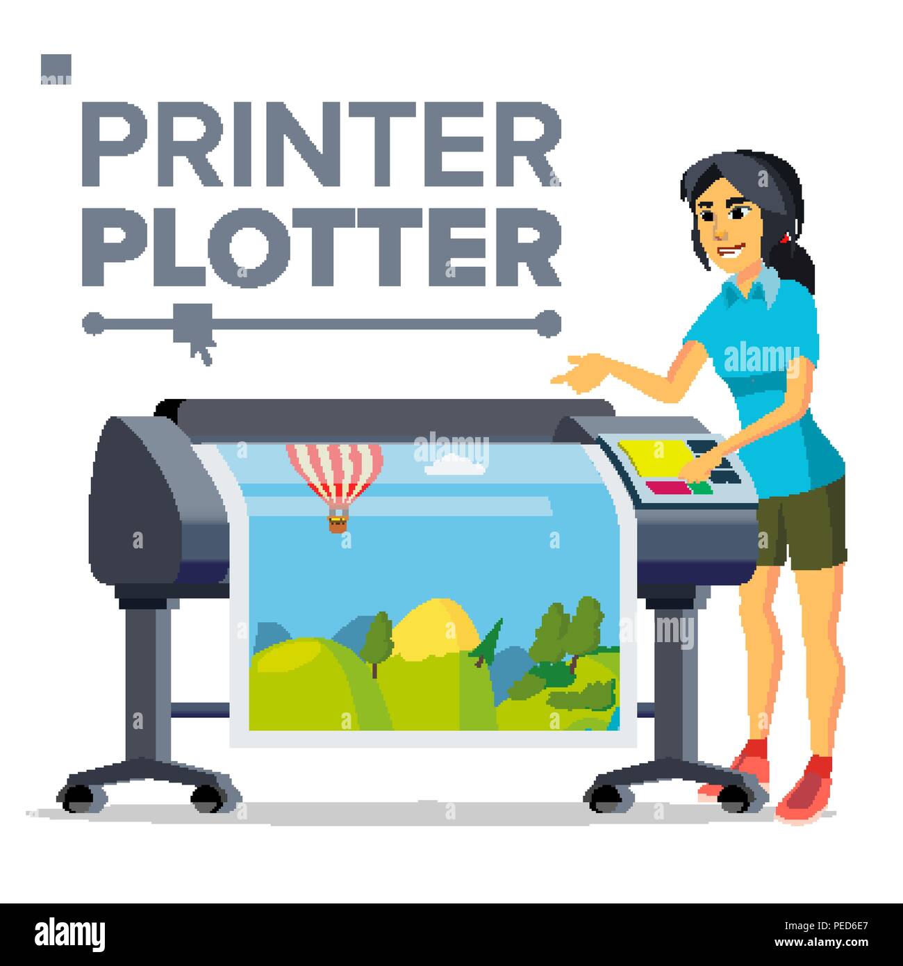 Worker With Plotter Vector. Woman. Full Color Latex, Laser Printer. Printshop Service. Isolated ...