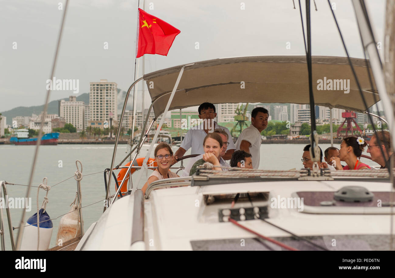 Sail cruise aboard a luxury yacht in the port of Sanya, China Stock ...