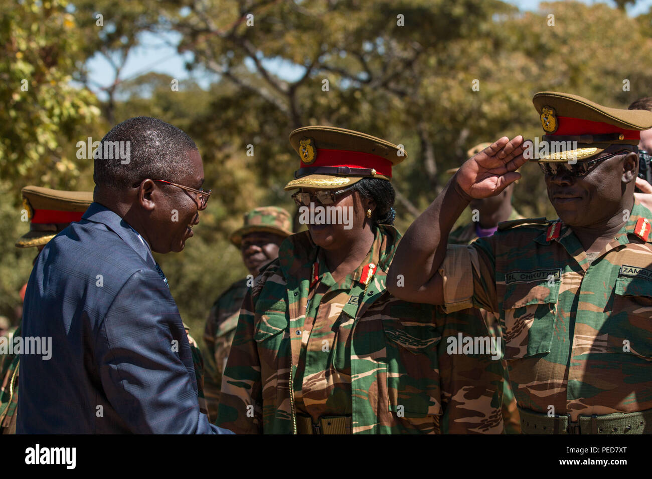 Zambian Deputy Minister of Defense Christopher Mulenga is saluted by ...