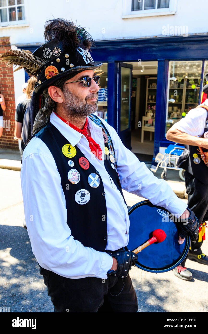Traditional English folk dancer musician, male drummer drumming at the ...