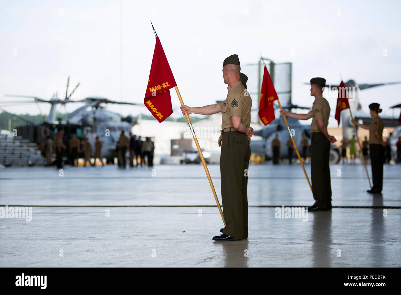 U.S. Marines stand at parade rest before the 2nd Marine Aircraft Wing ...