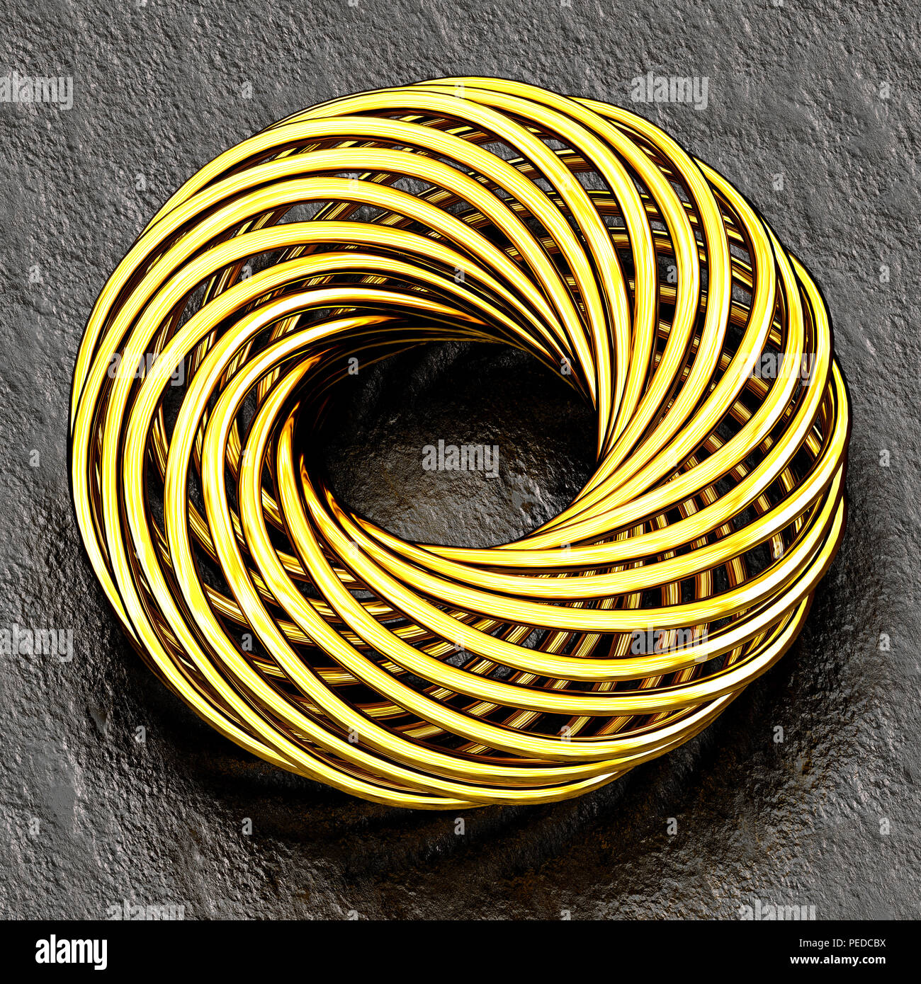 Golden torus object on reflective concrete surface Stock Photo - Alamy