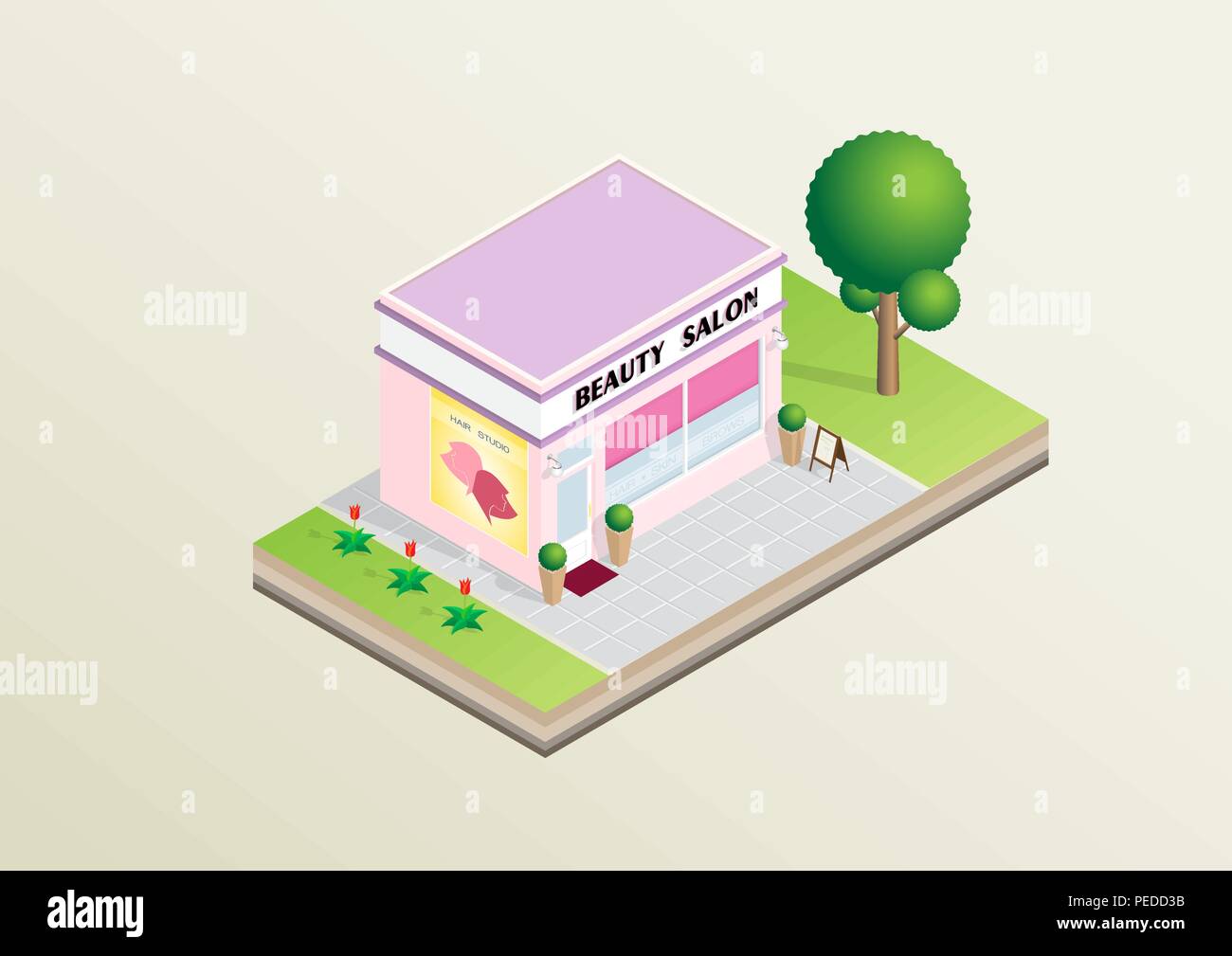 Isometric layout of beauty salon shop, building with signboard, trees ...