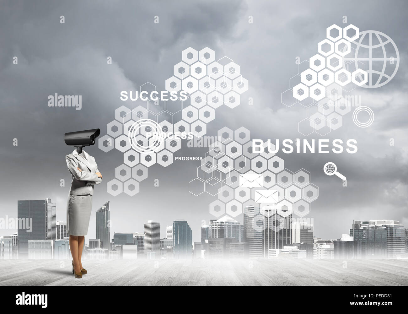 Concept of security and privacy protection with camera headed woman ...