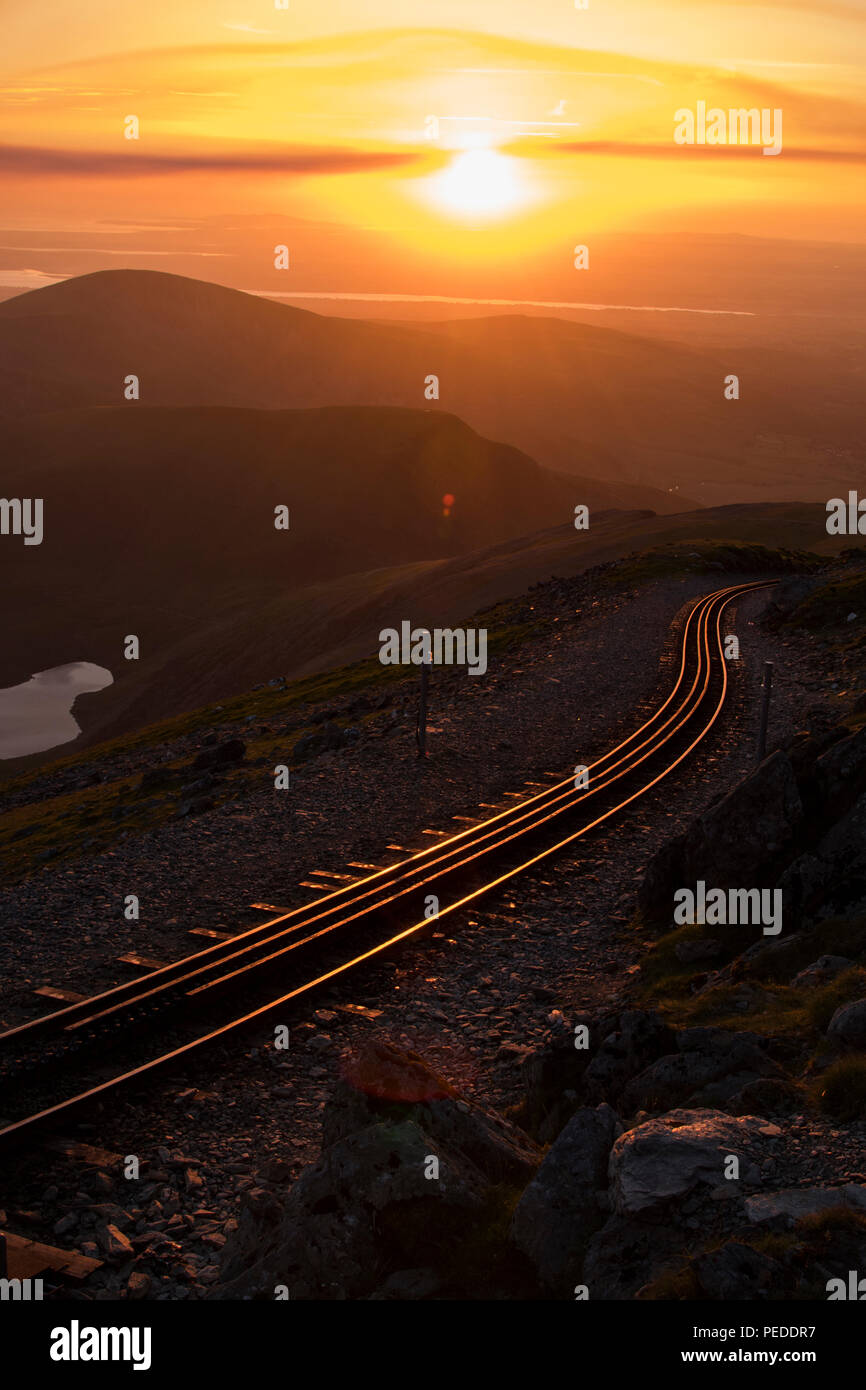 Snowdon mountain railway track leading down from the summit in the ...