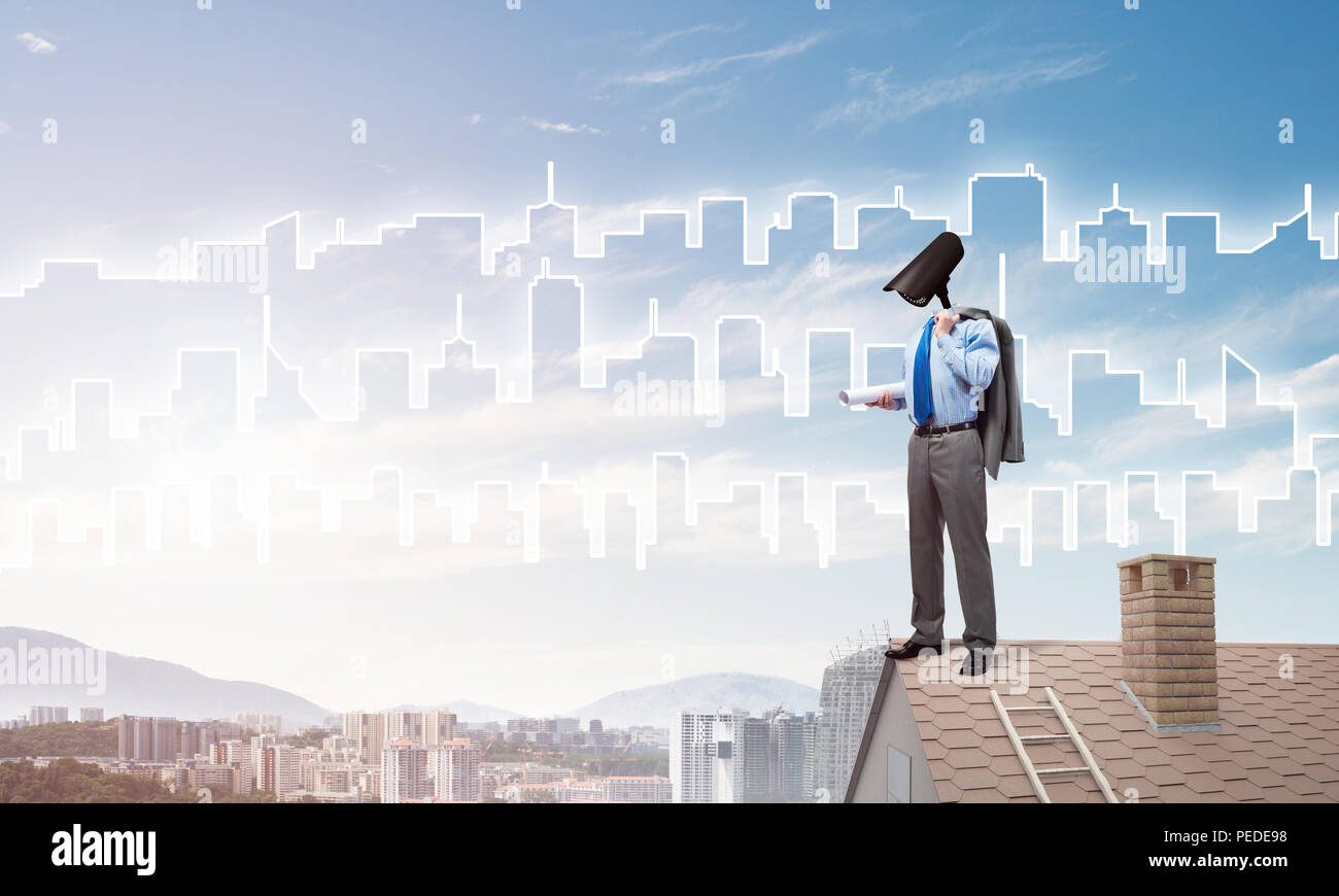 Concept of home security and privacy protection with camera headed man ...