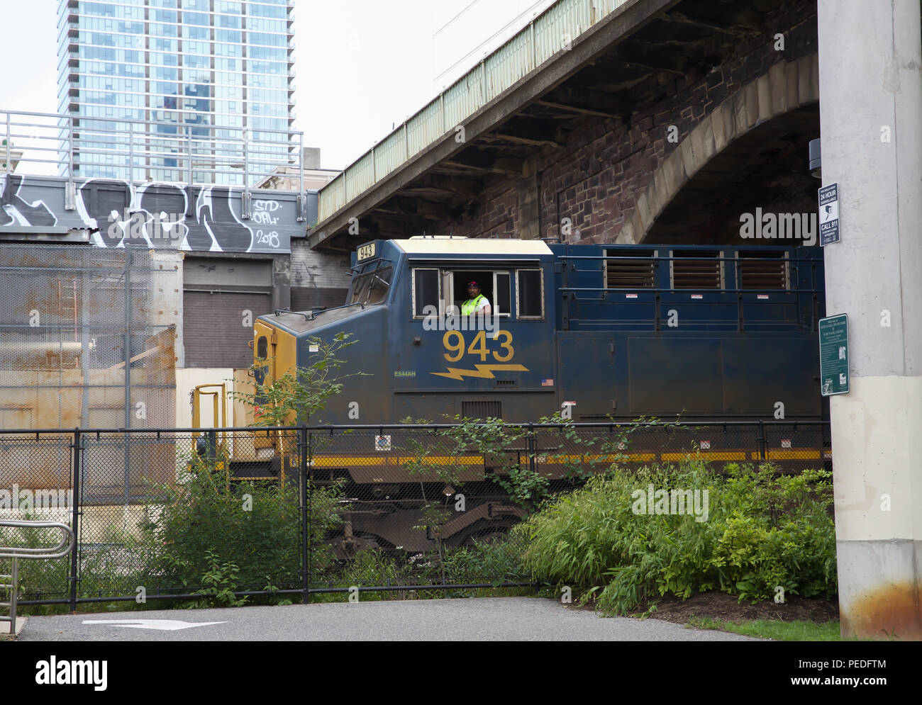Diesel engine pulling wagons on its way to Canada in Philadelphia, USA ...