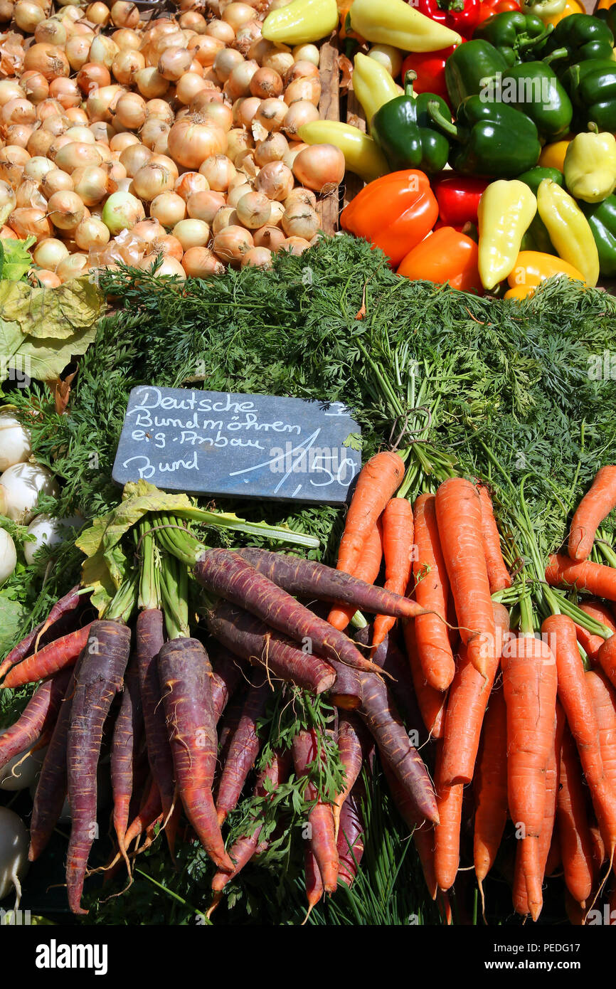 Vegetable stand at a marketplace in Mainz, Germany. Farmers market ...