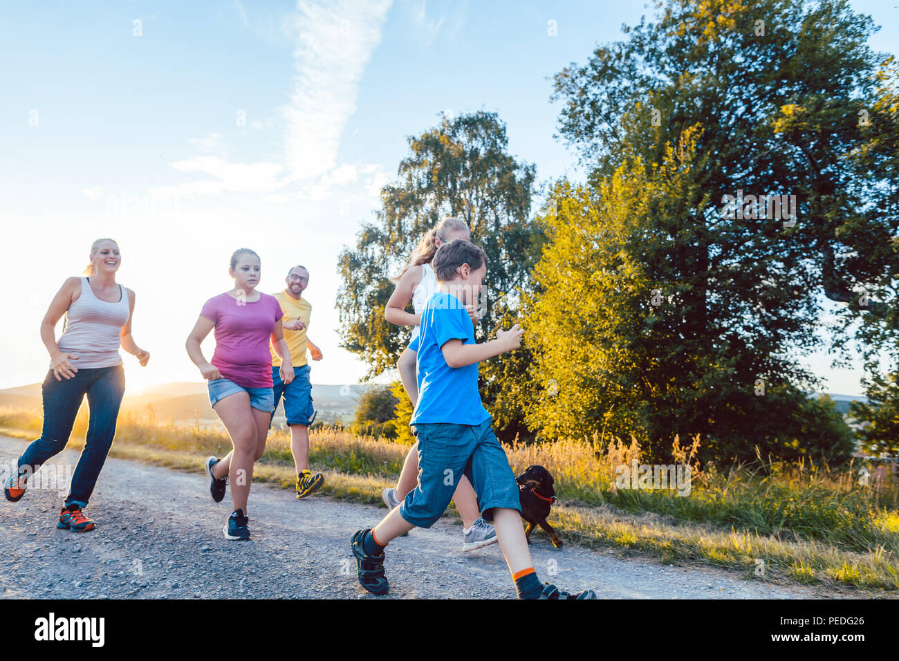 Playful family running and playing on a path in summer landscape Stock ...