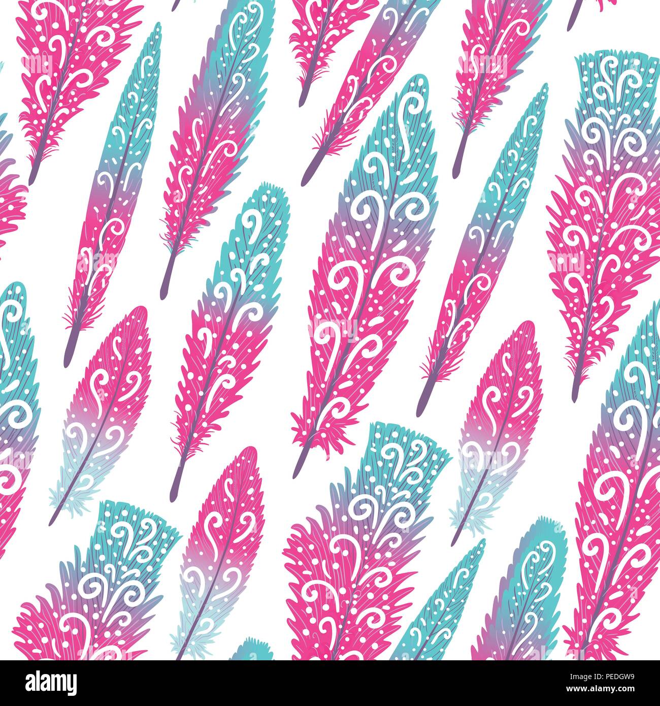 Flamingo feather brigth colorful hand drawn swirls. Seamless pattern ...