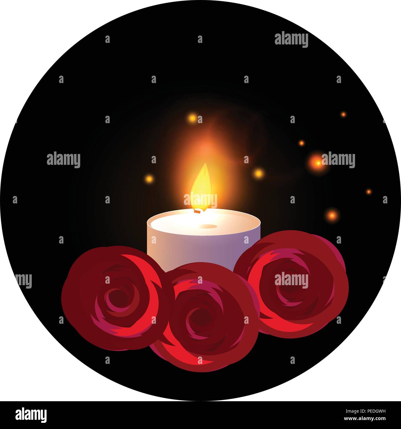 One Candle glowing with red roses. Vector illustration isolated on ...