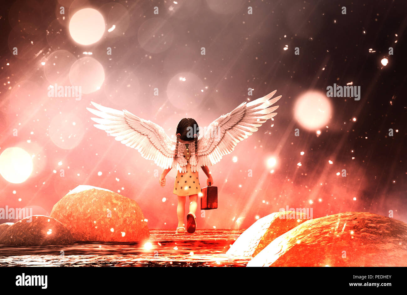 Little angel's adventure in starry night,3d illustration conceptual ...