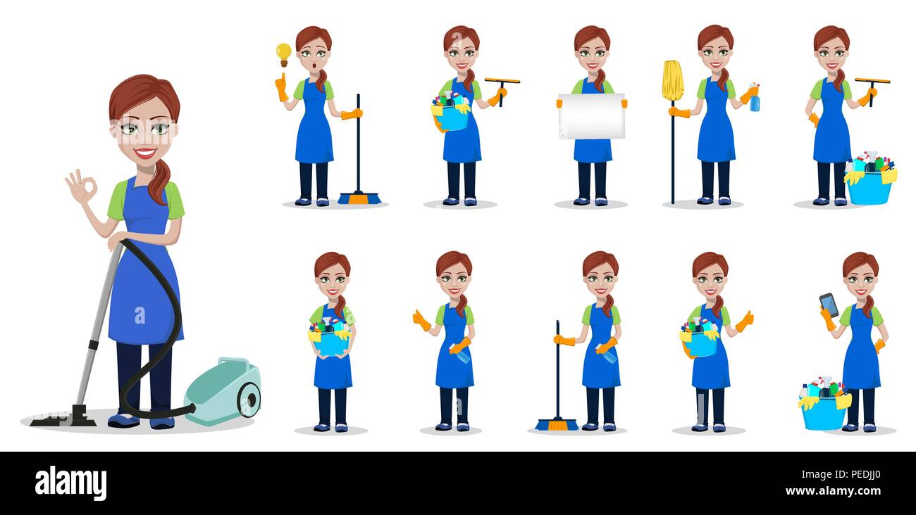 Cleaning company staff in uniform. Woman cartoon character cleaner, set ...
