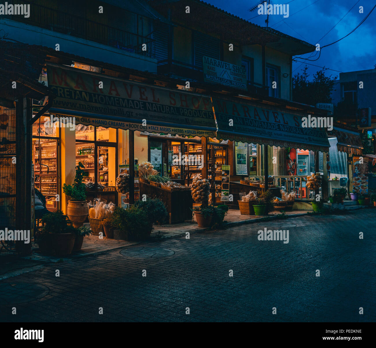 Spili Crete, Greece August 2018: Night view on a street in the village ...