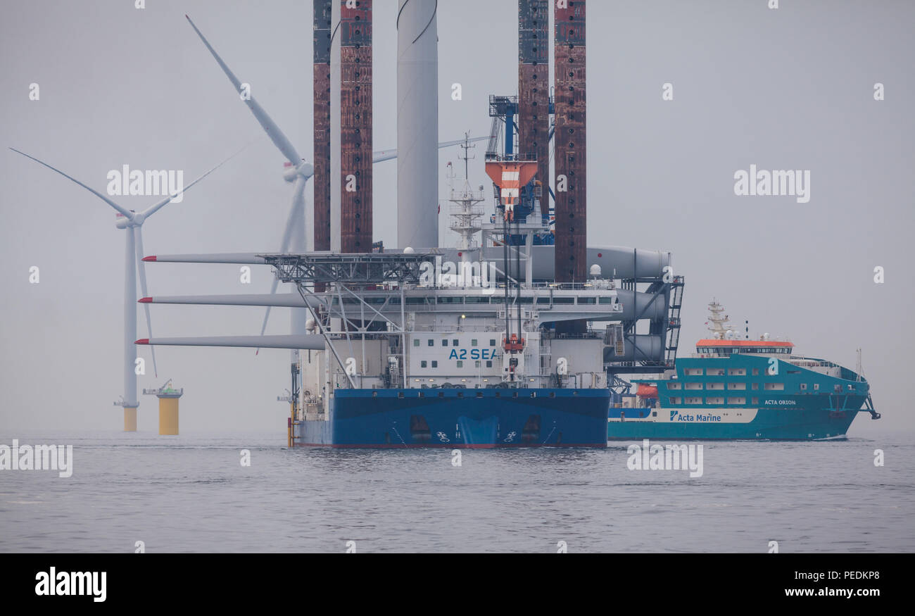 The jack up construction vessel Sea Installer and walk to work vessel ...