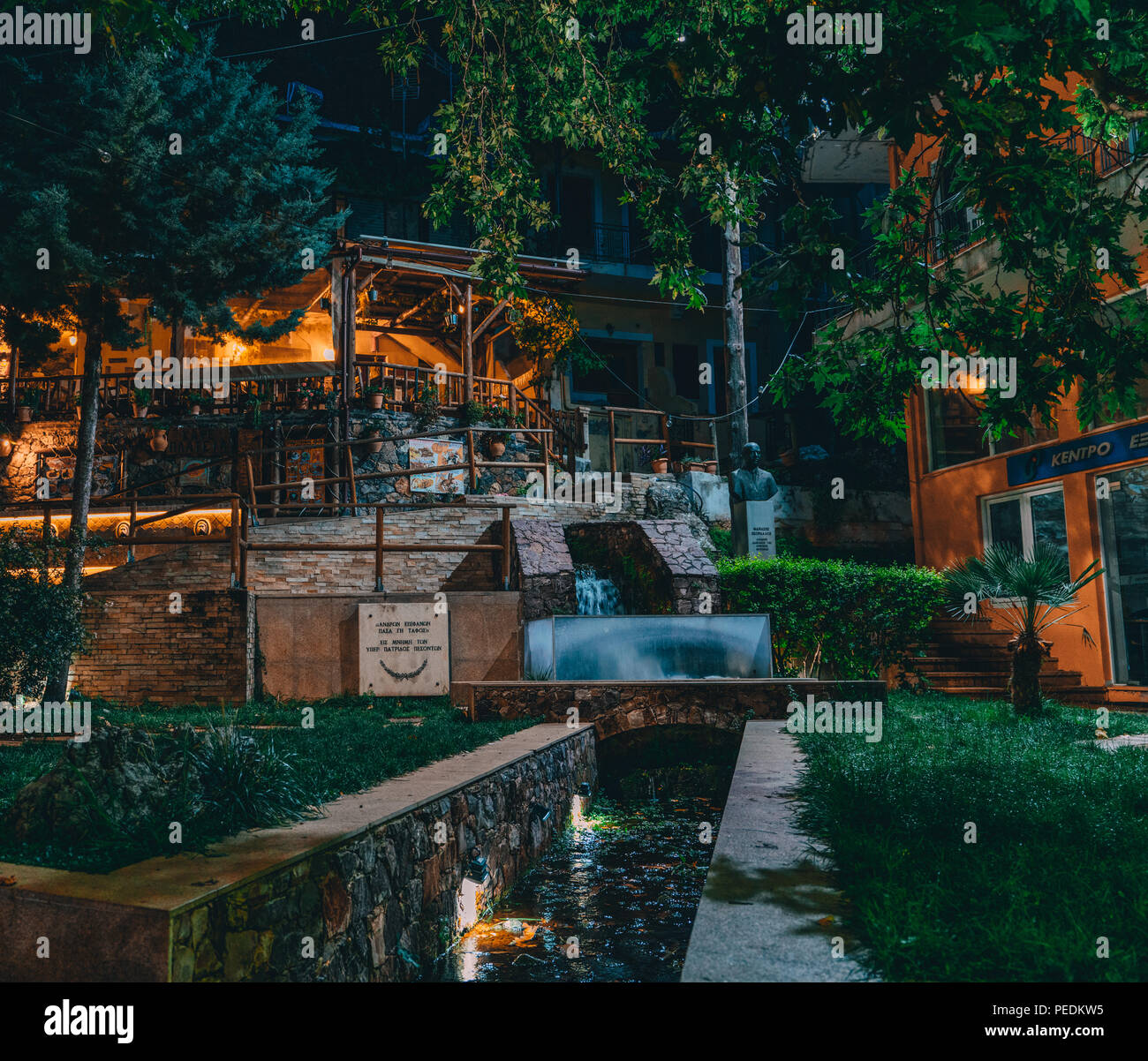 Spili Crete, Greece August 2018: Night view on a park in the village of ...