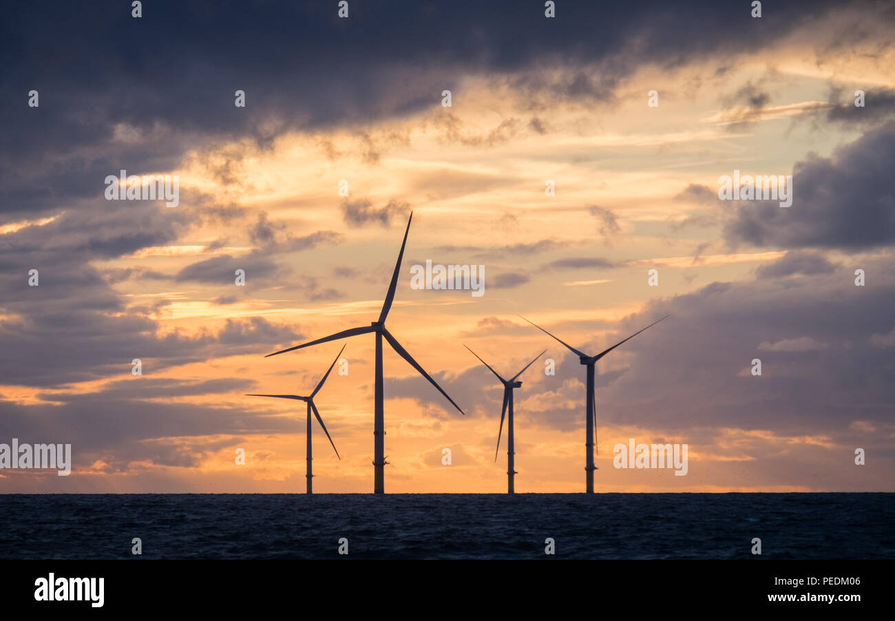 Dusk with wind turbines of Walney Extension Offshore wind farm Stock ...