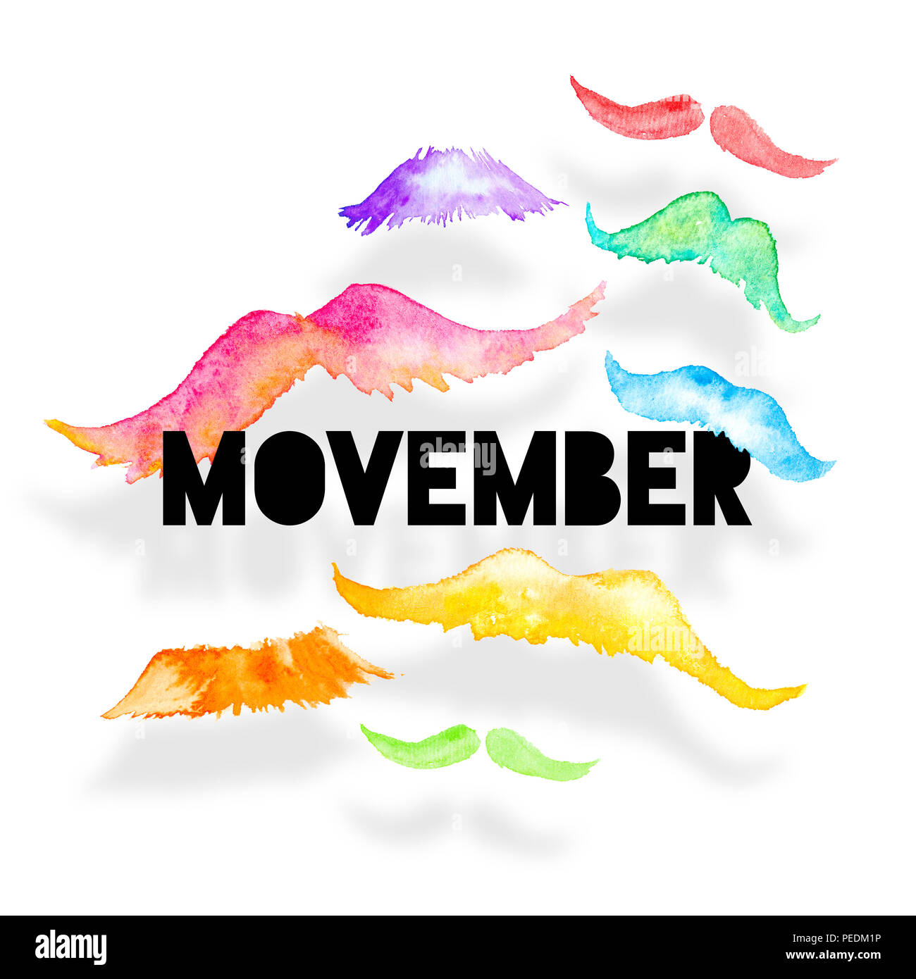 Black text „movember” and watercolor mustaches in rainbow colors (red ...