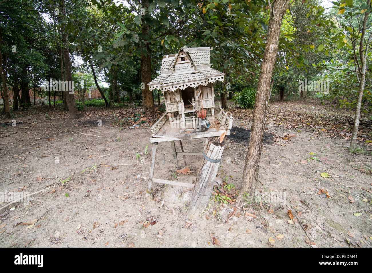 a spirit house at the cremation site of Pol Pot in the town of Choam ...