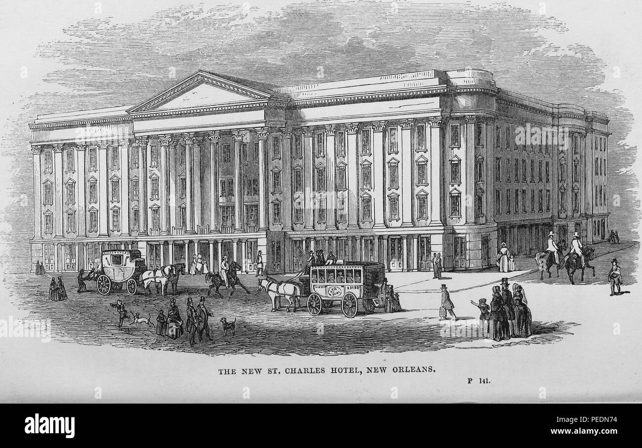 Black and white print depicting a wide, neoclassical revival building ...