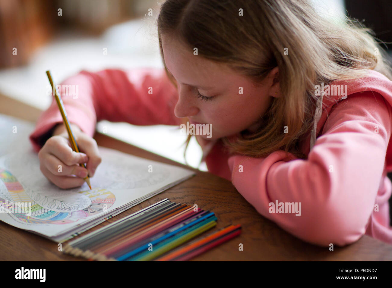 Young girl coloring in coloring in book Stock Photo - Alamy