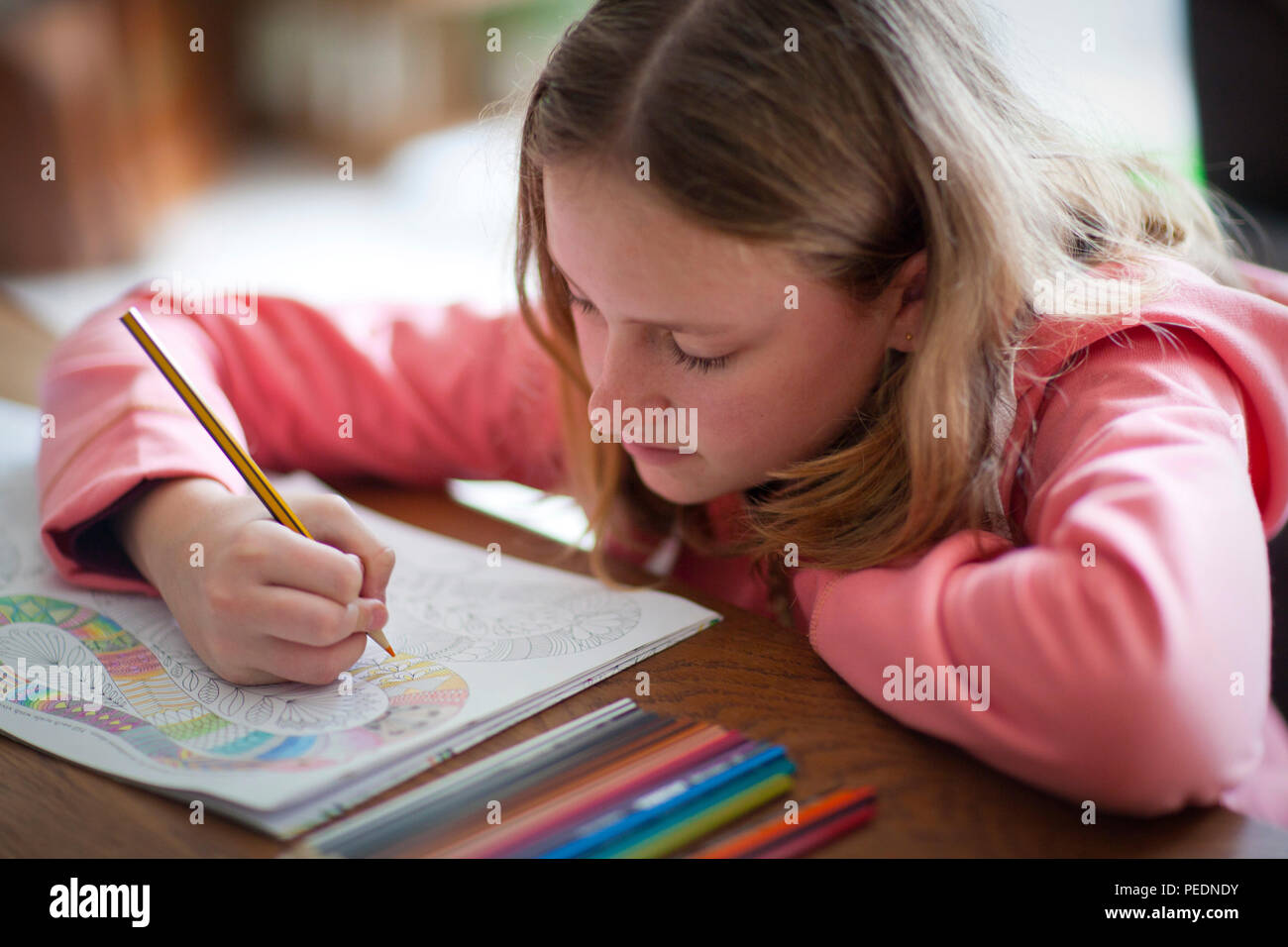 Young girl coloring in coloring in book Stock Photo - Alamy