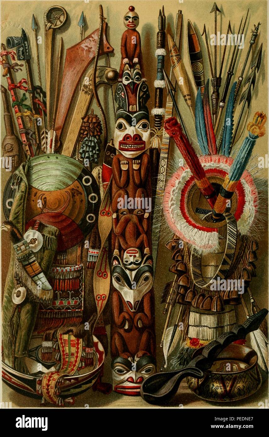 Color print illustrating beaded, carved, and painted weapons, utensils ...