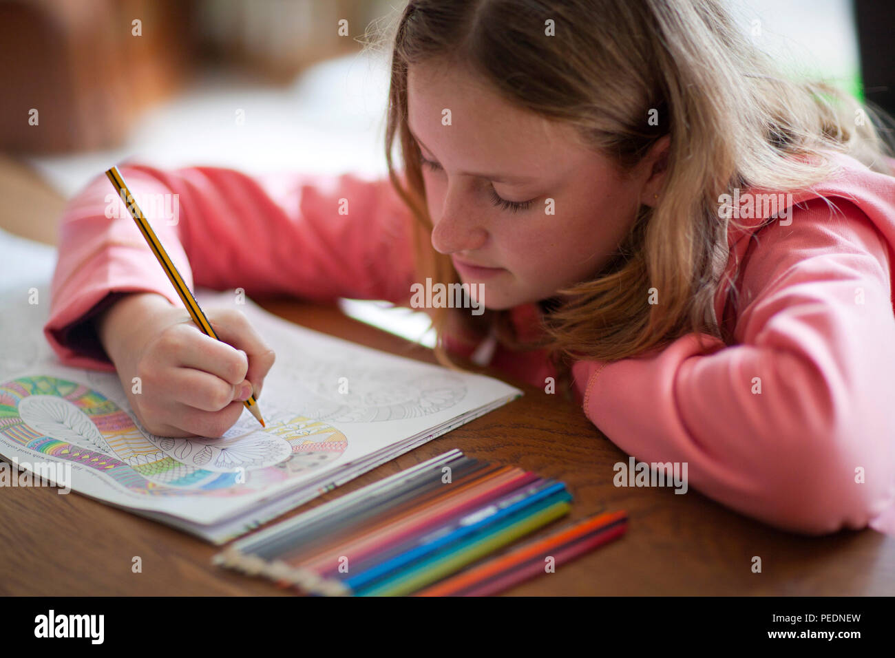 Young girl coloring in coloring in book Stock Photo - Alamy