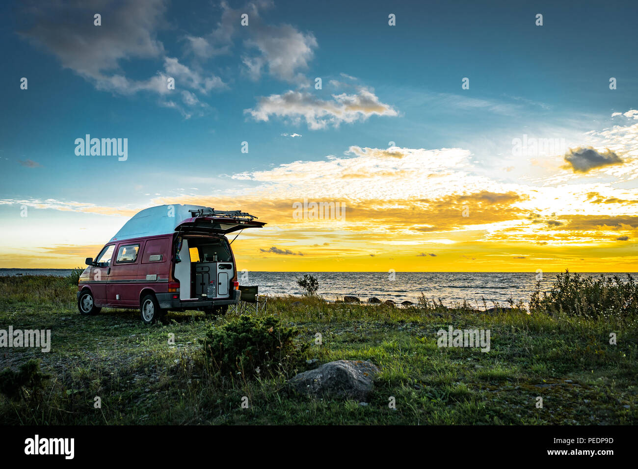 ESTONIA - August 2018: VW Transporter T4 on baltic sea with sunset in ...