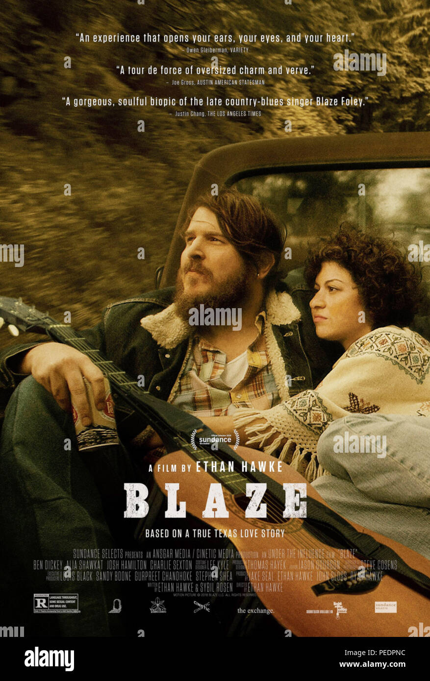 BLAZE, US poster, from left: Ben Dickey as Blaze Foley, Alia Shawkat ...