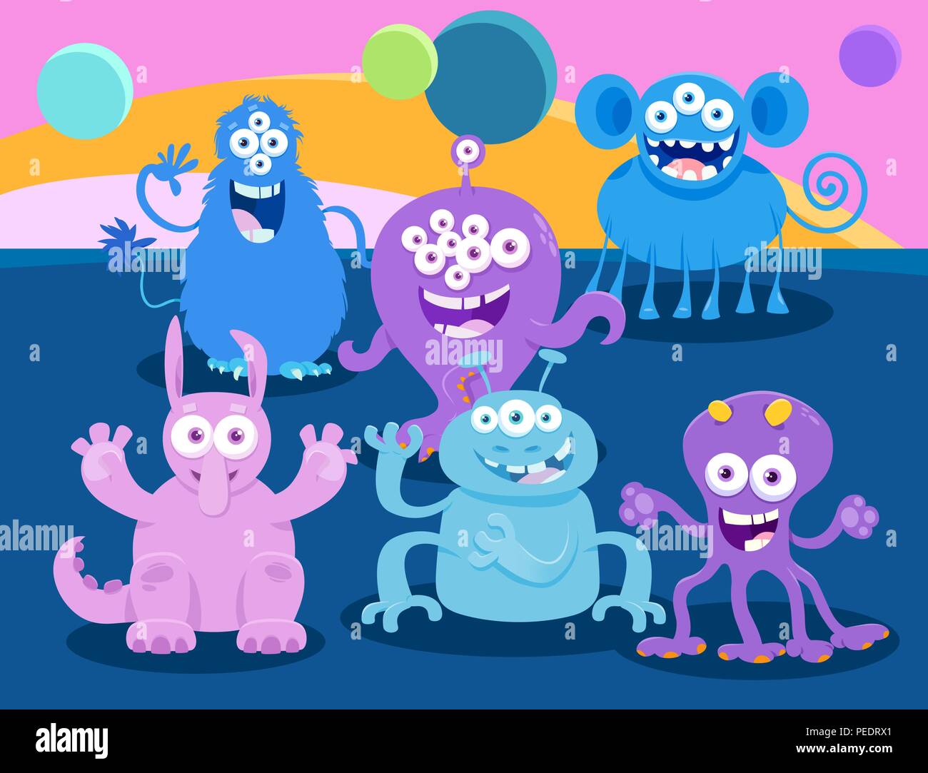 Cartoon Illustrations of Funny Fantasy Monsters Characters Group in ...