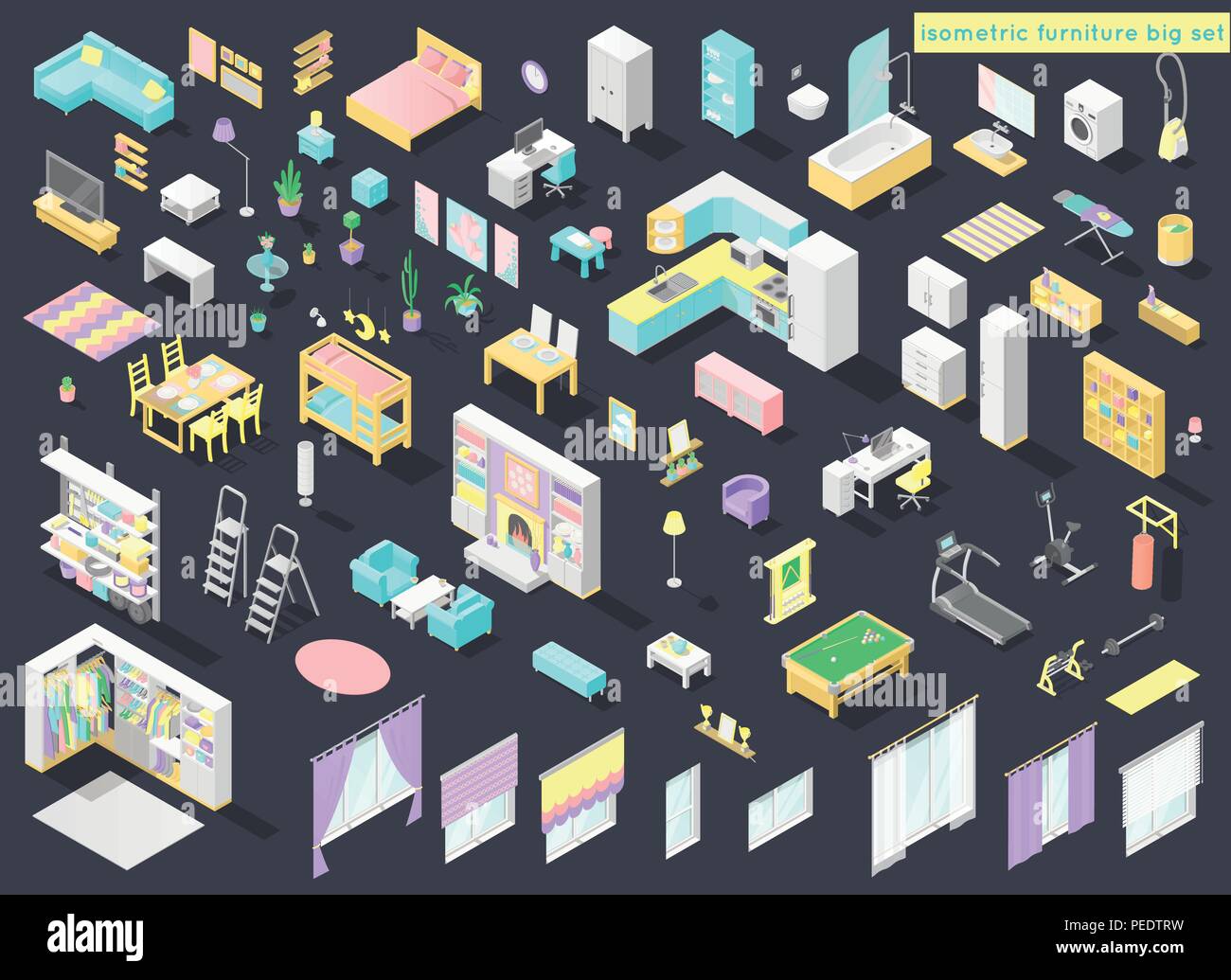 Vector big set of low poly isometric furniture and decoration for home ...