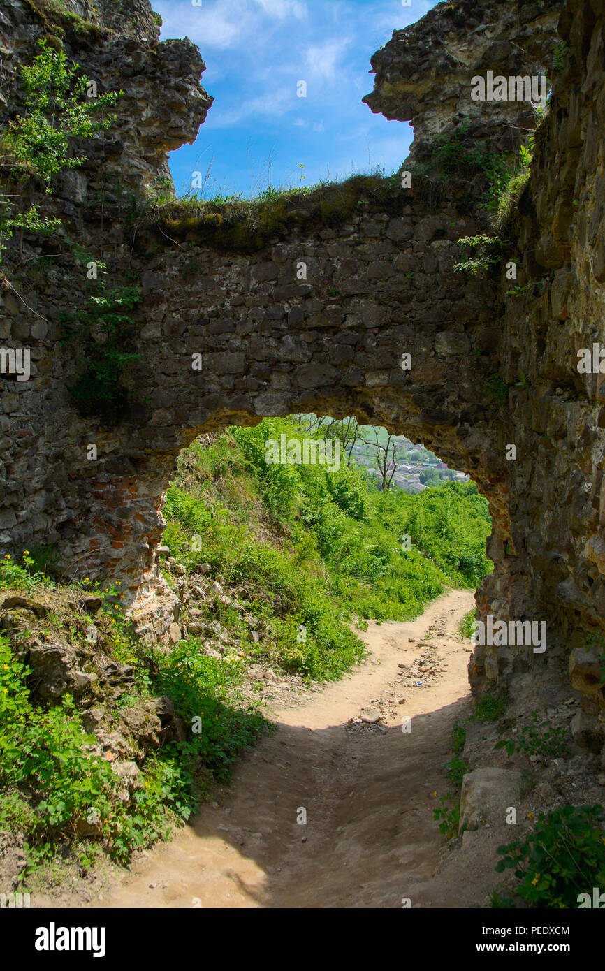 Ancient ruins of the castle of the town of Khust (Dracula Castle). a ...