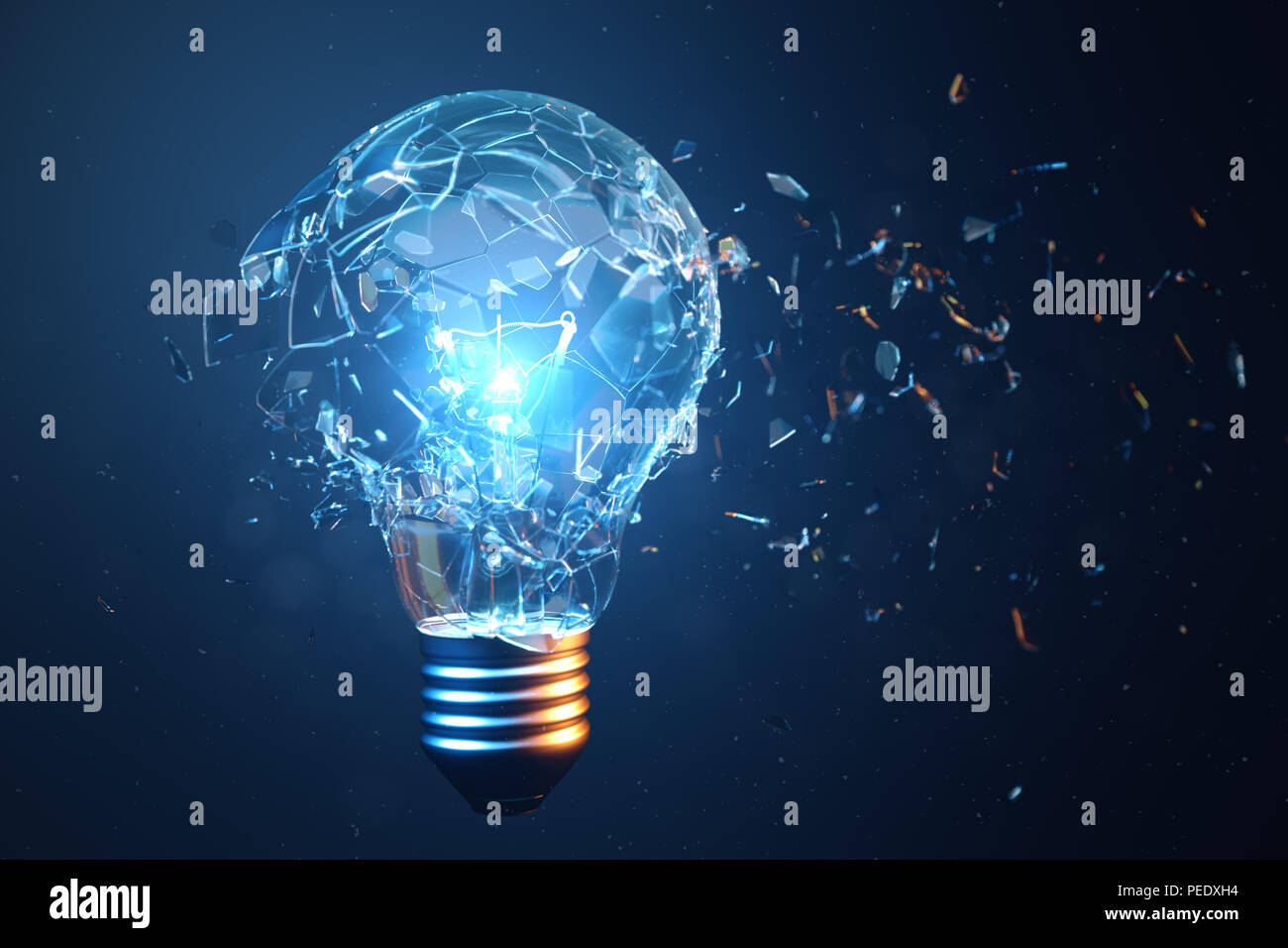 3D Illustration Exploding light bulb on a blue background, with concept ...