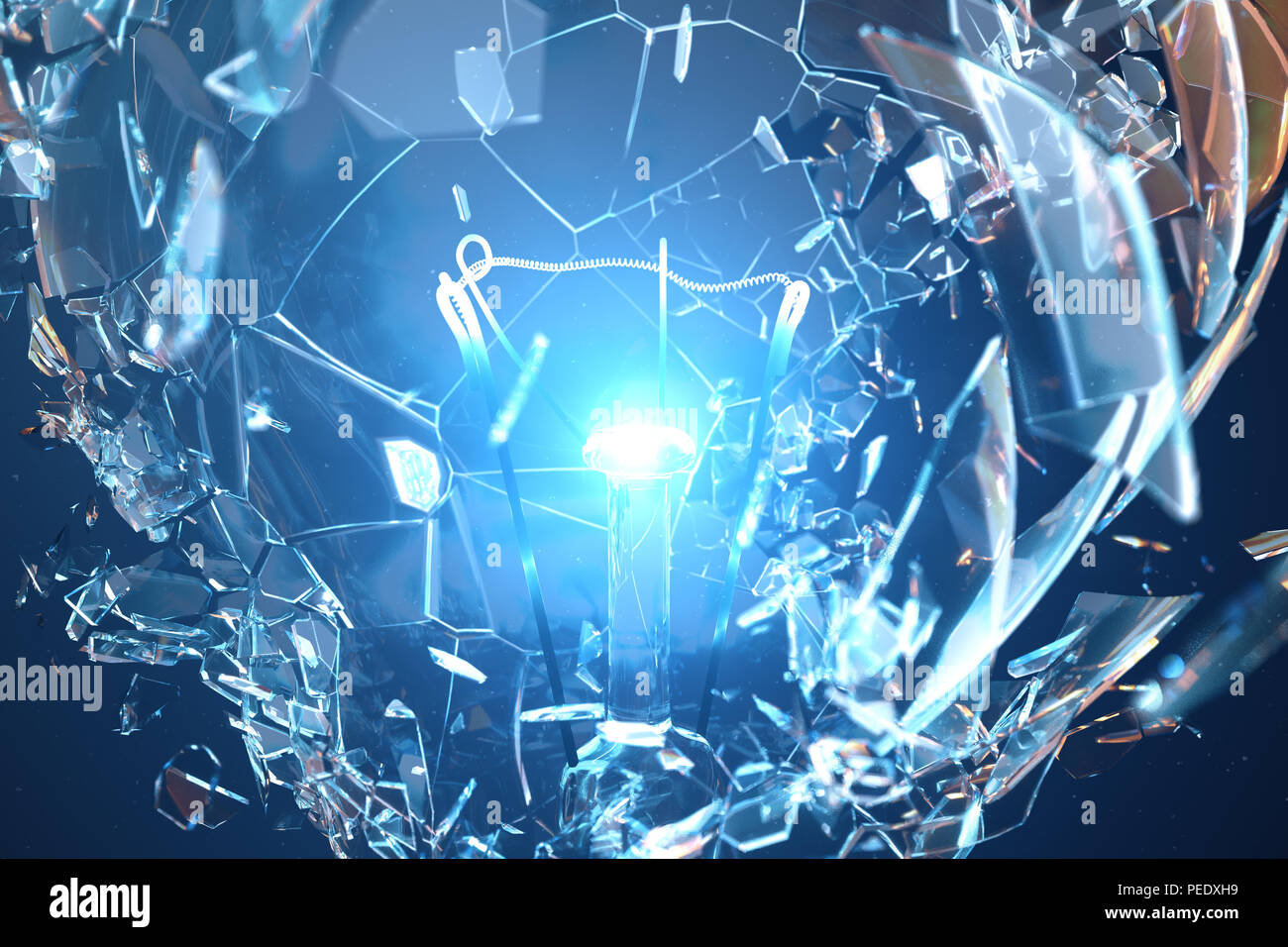 3D Illustration Exploding light bulb on a blue background, with concept ...
