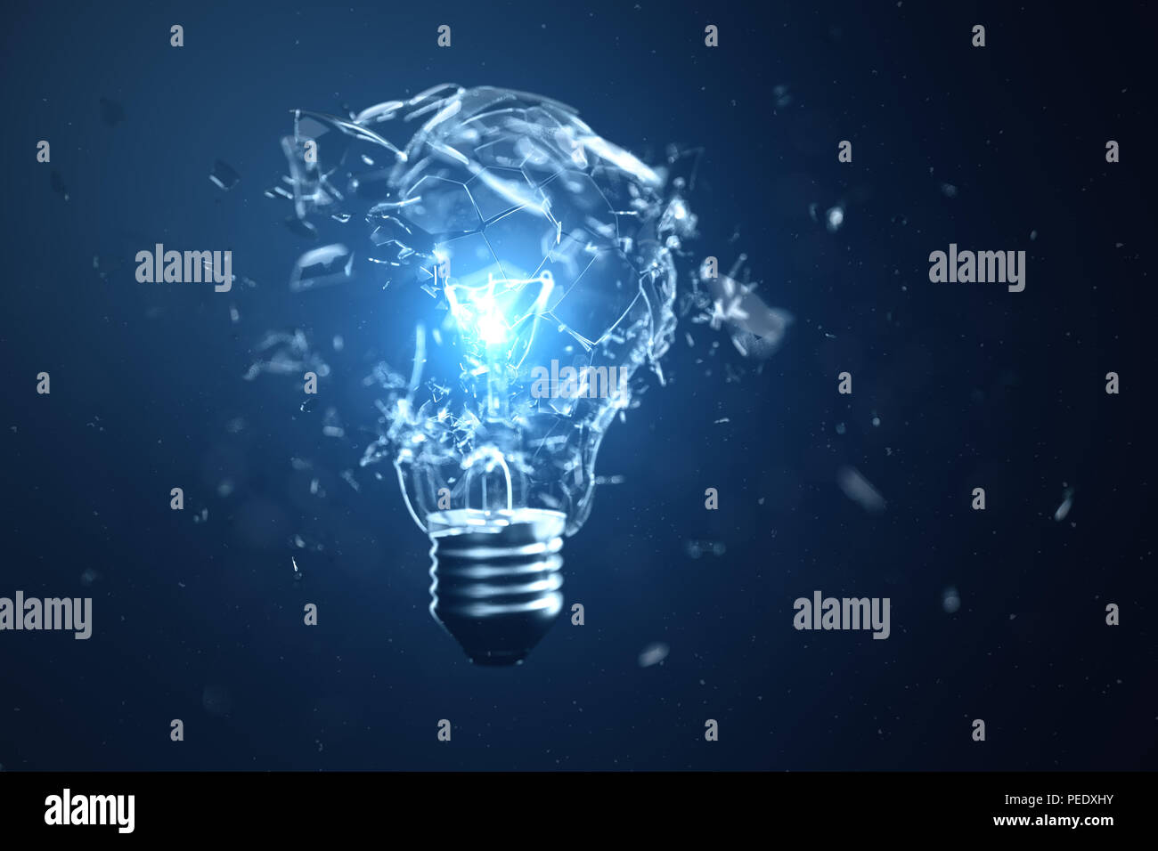 3D illustration Exploding light bulb on a blue background, with concept ...