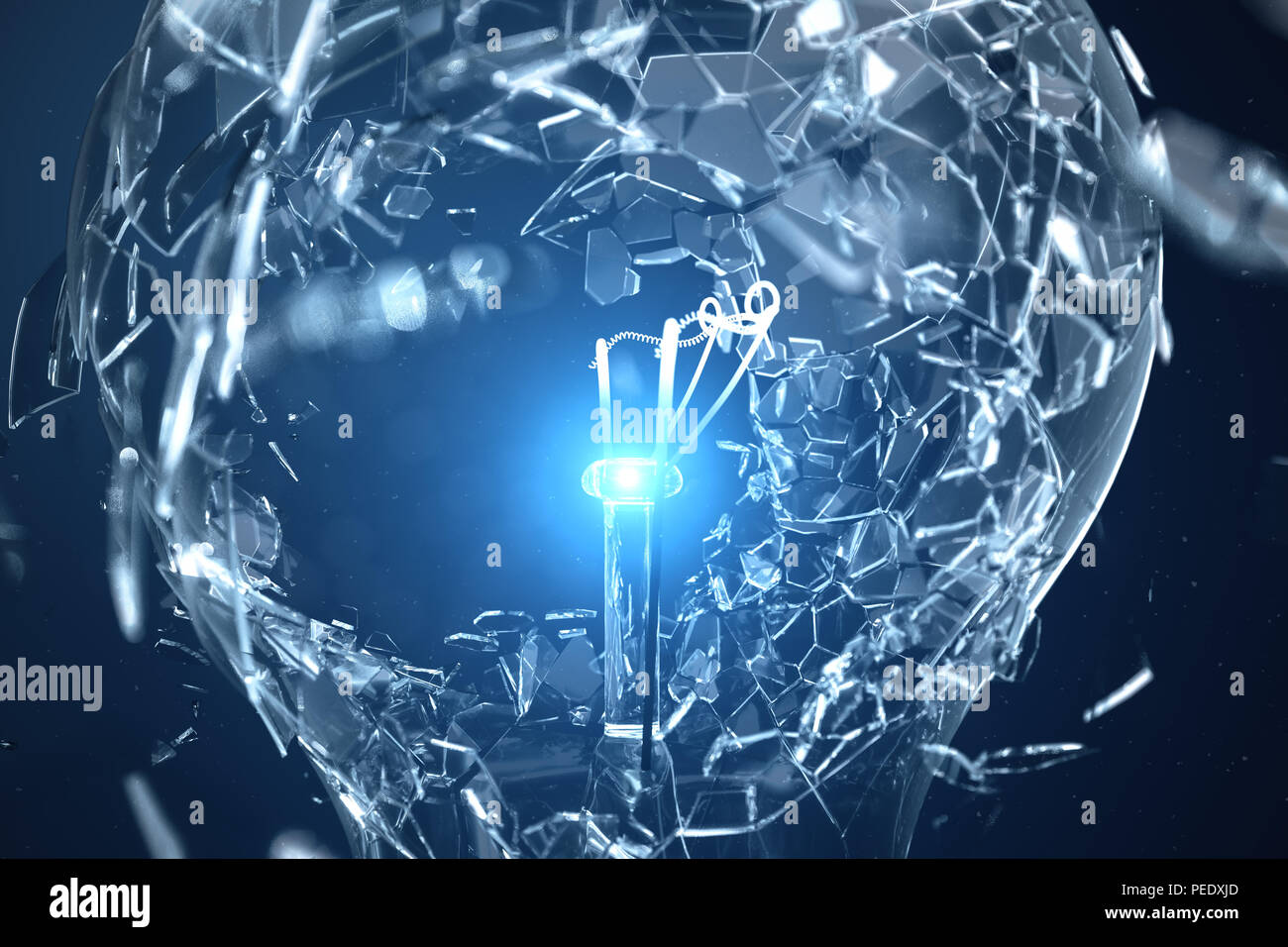 3D illustration Exploding light bulb on a blue background, with concept ...