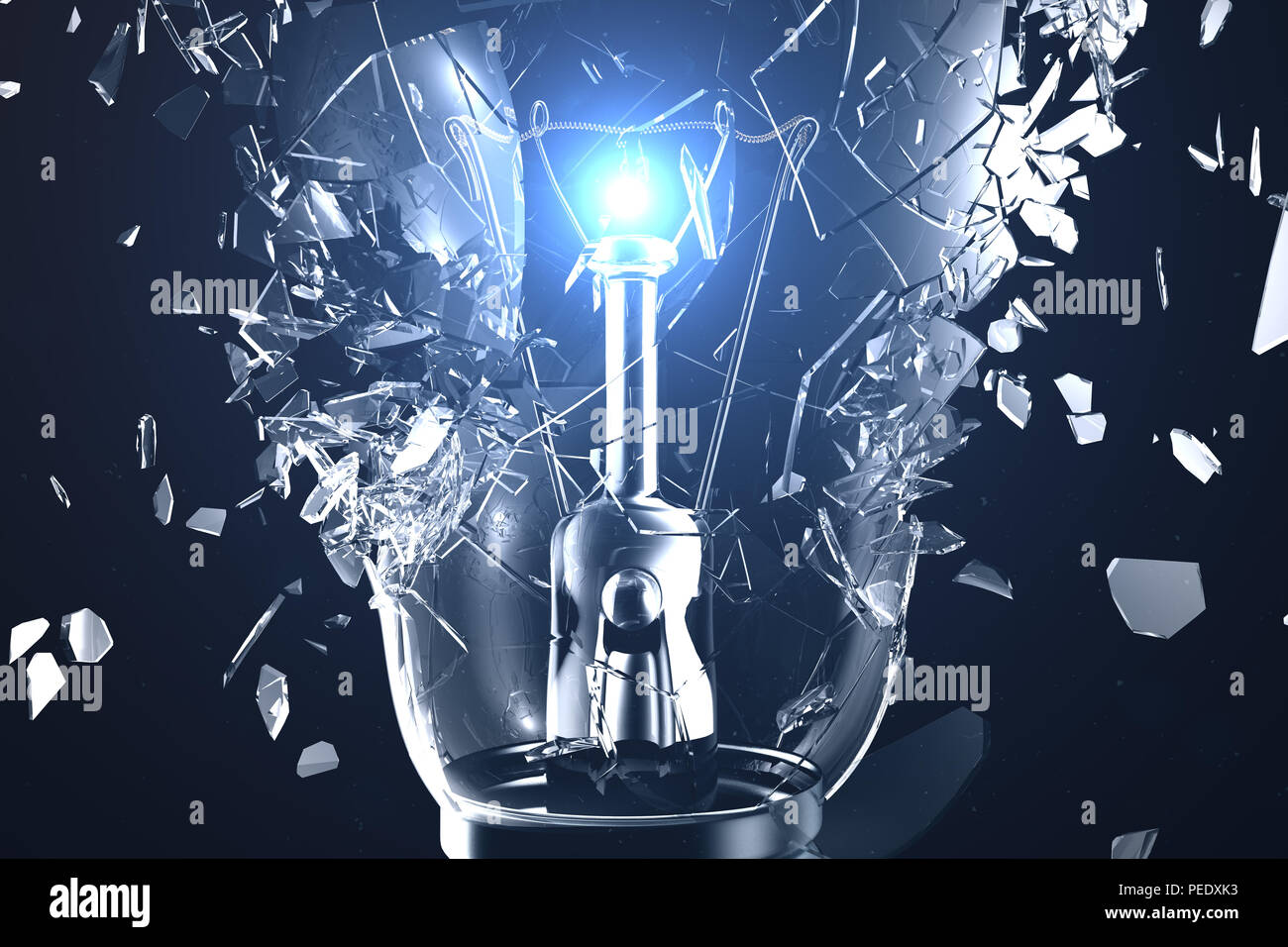 3D illustration Exploding light bulb on a blue background, with concept ...