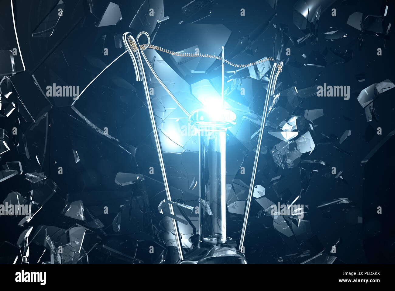 3D illustration Exploding light bulb on a blue background, with concept ...