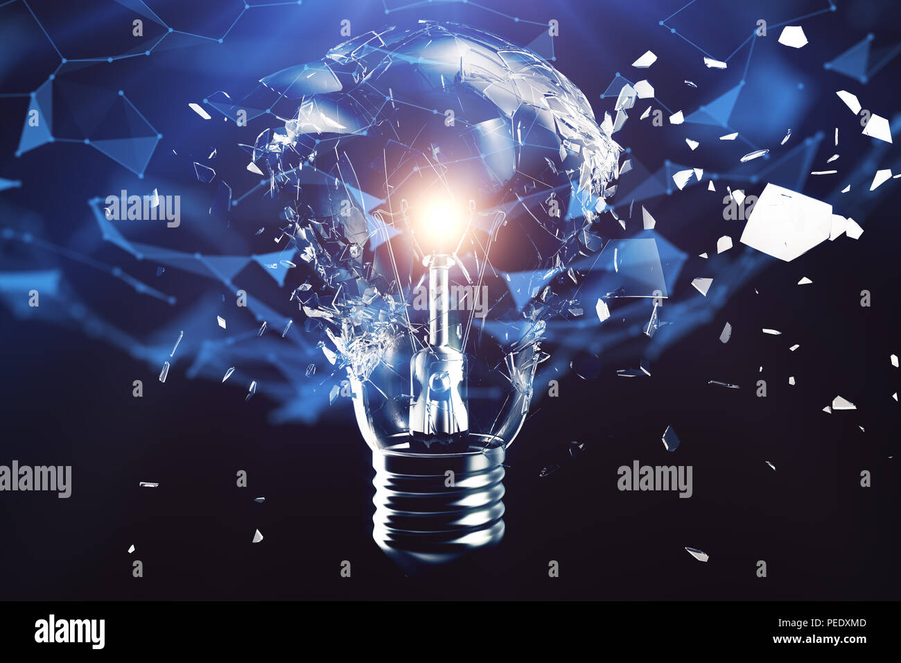3D illustration exploding light bulb on a blue background, concept ...