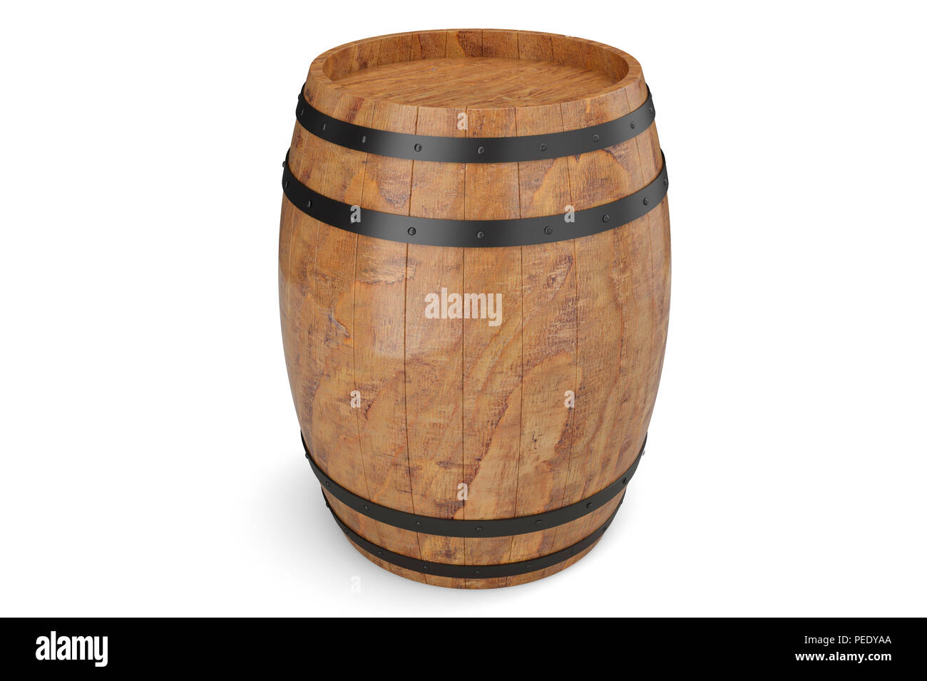 3D Illustration wooden barrels front view, wine isolated on white ...
