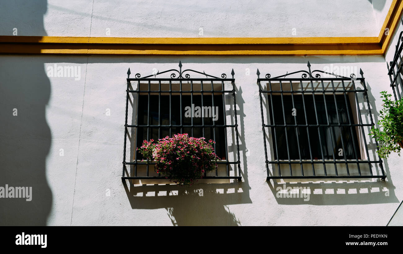 Close up of white limestone building window frame with colourful ...