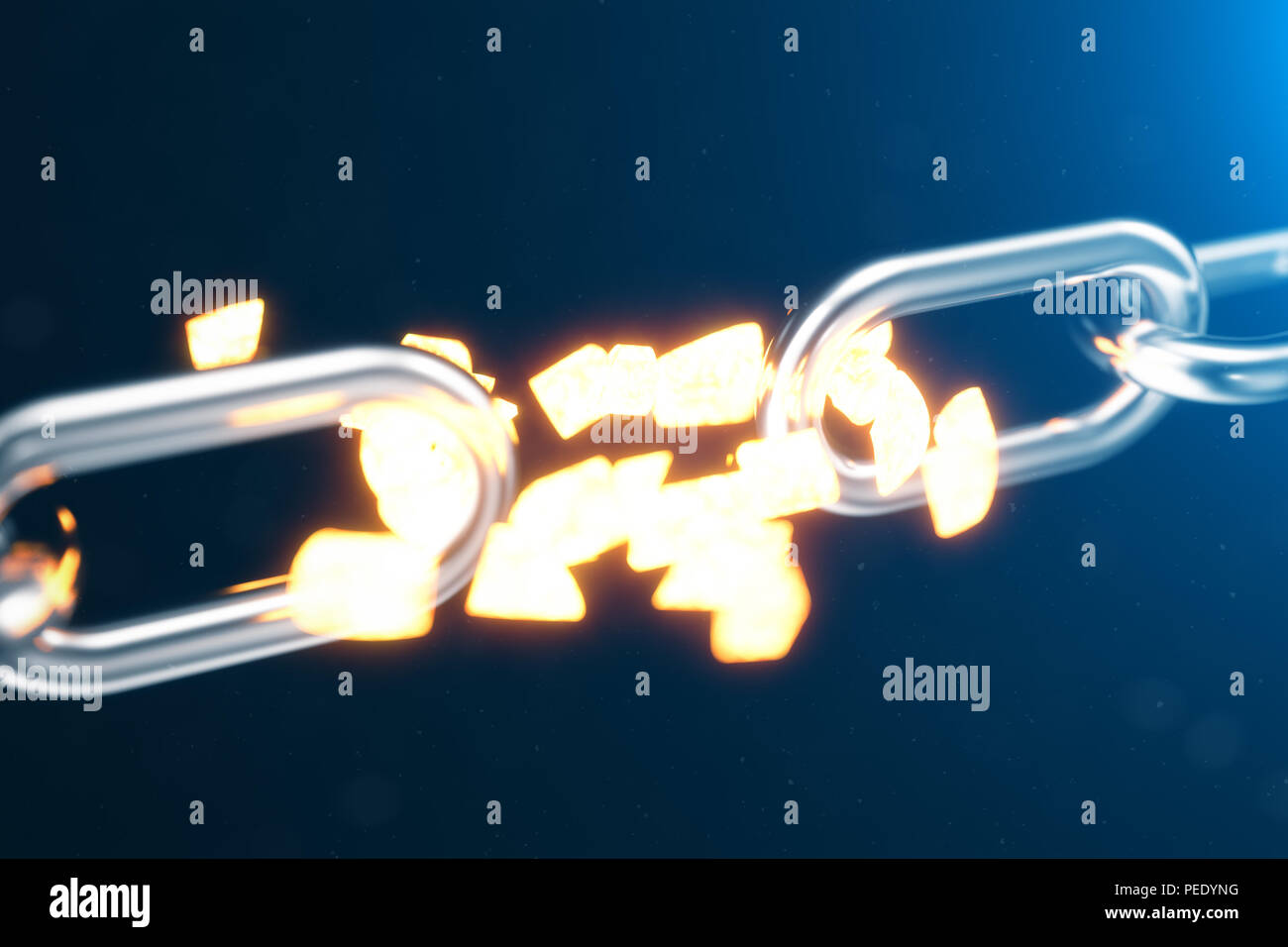 The metal chain is disconnected with the red-hot link. Feeble link. 3d ...